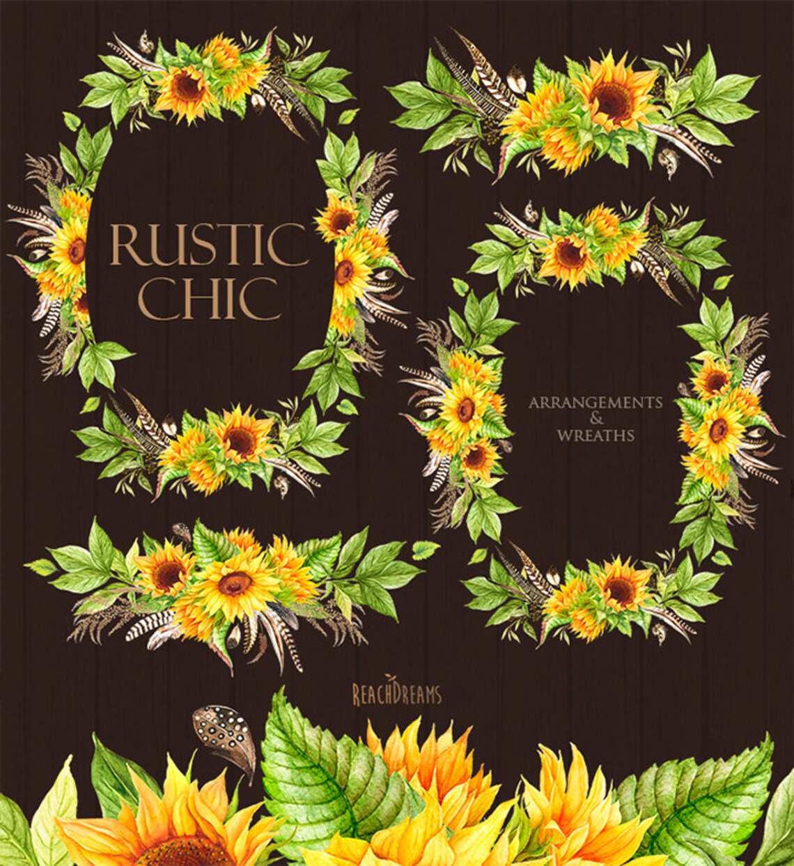 Sunflowers Watercolor with Feathers. Bohemian Boho Flowers. | Etsy