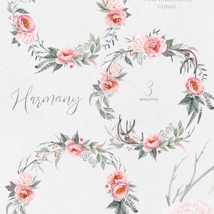 Watercolor Floral Wreaths, Pink, Grey, Silver, Feathers, Stag Horns ...