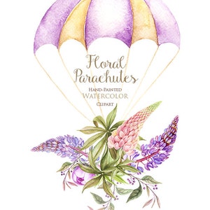 Watercolor Parachutes With Floral Wedding Bouquets. Hand Painted ...