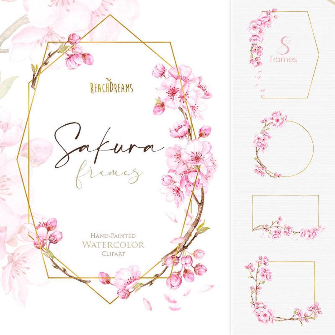 Sakura Frames. Watercolor Floral Geometric Clipart, Pink, Gold, Cherry ...