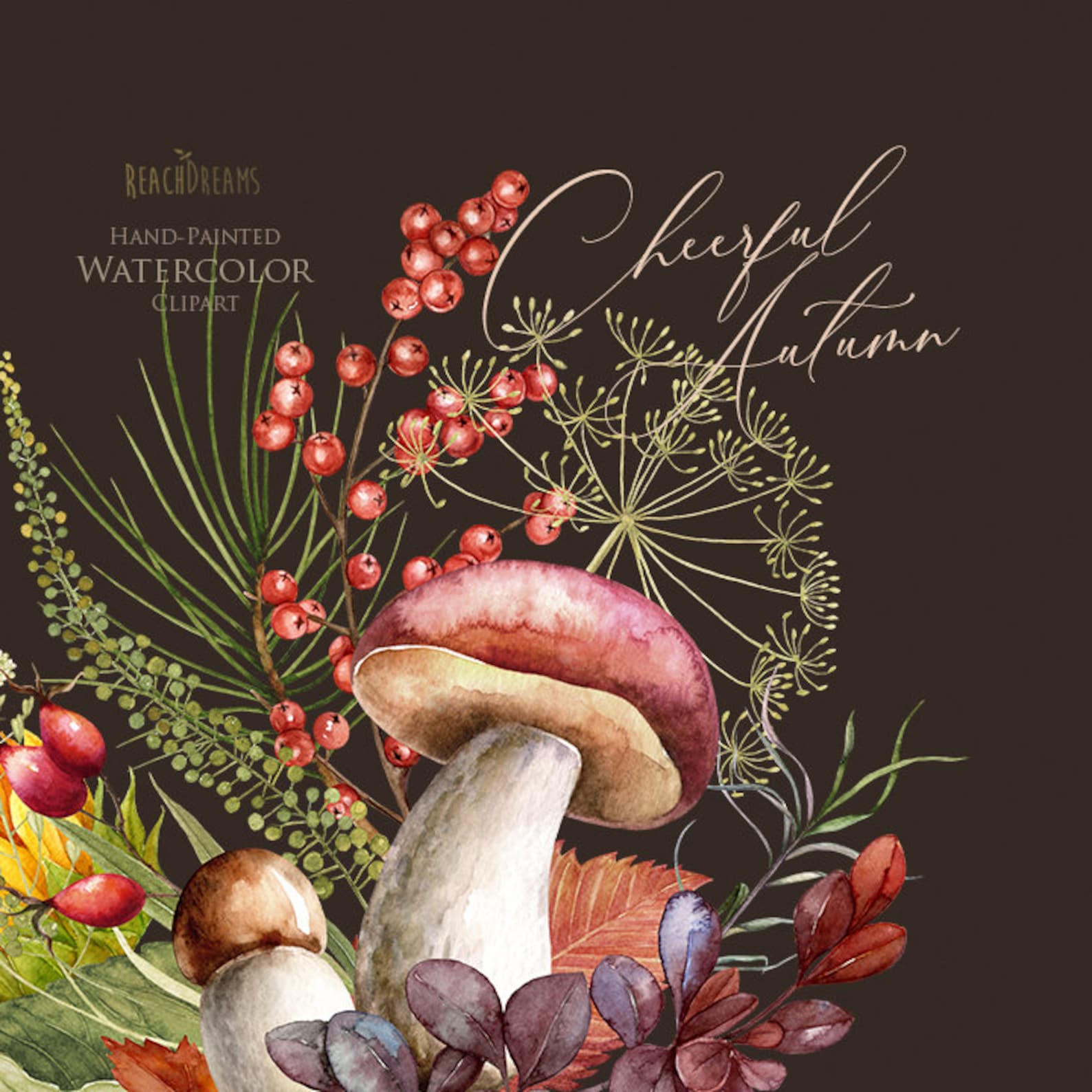 Mushrooms Sunflowers Autumn Leaves Leaf Fall Forest Watercolor - Etsy