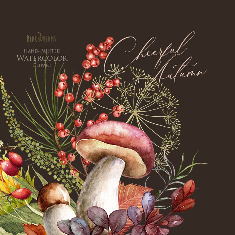 Mushrooms Sunflowers Autumn Leaves Leaf Fall Forest Watercolor - Etsy