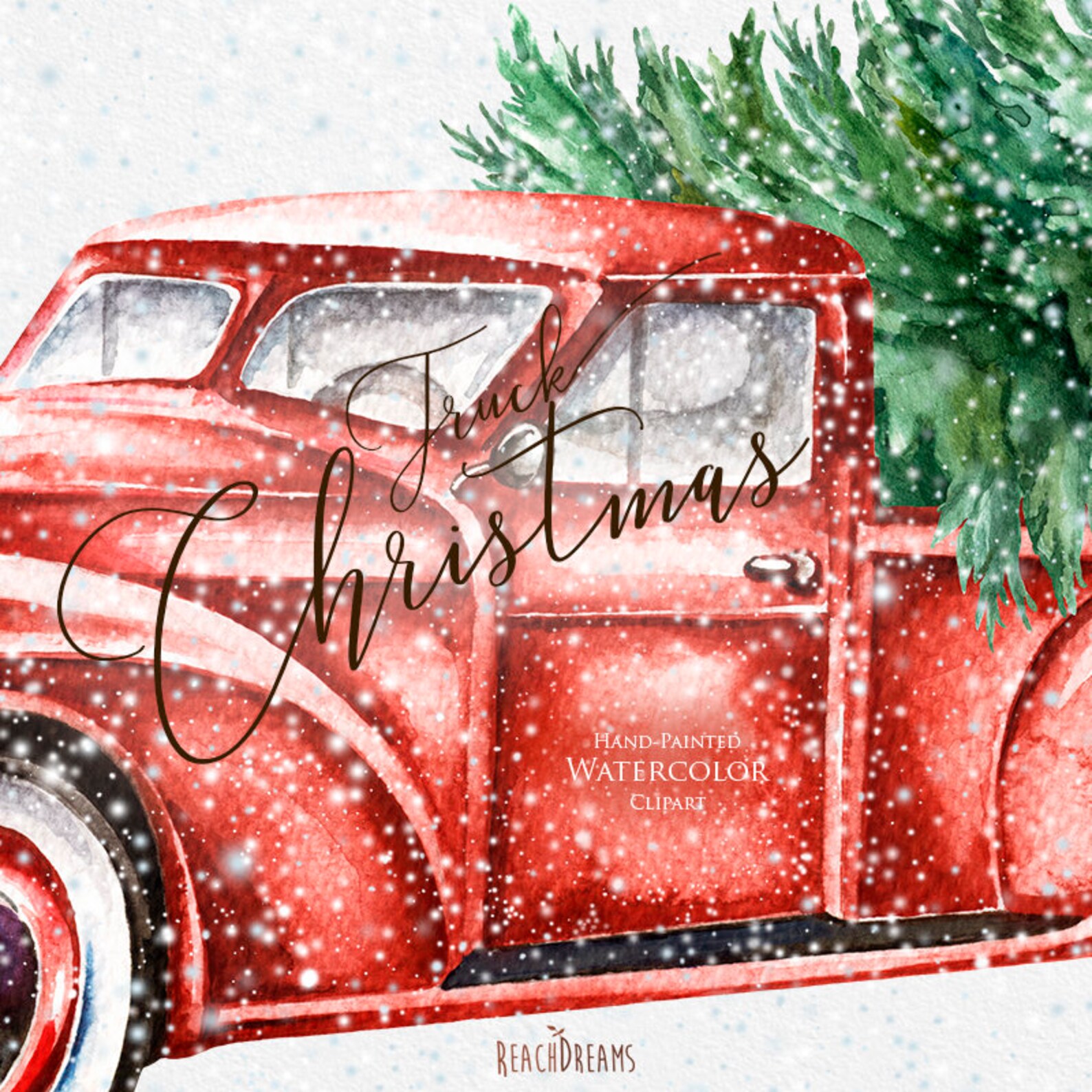 Watercolor Christmas Truck Vintage Red Pickup Pine Tree | Etsy