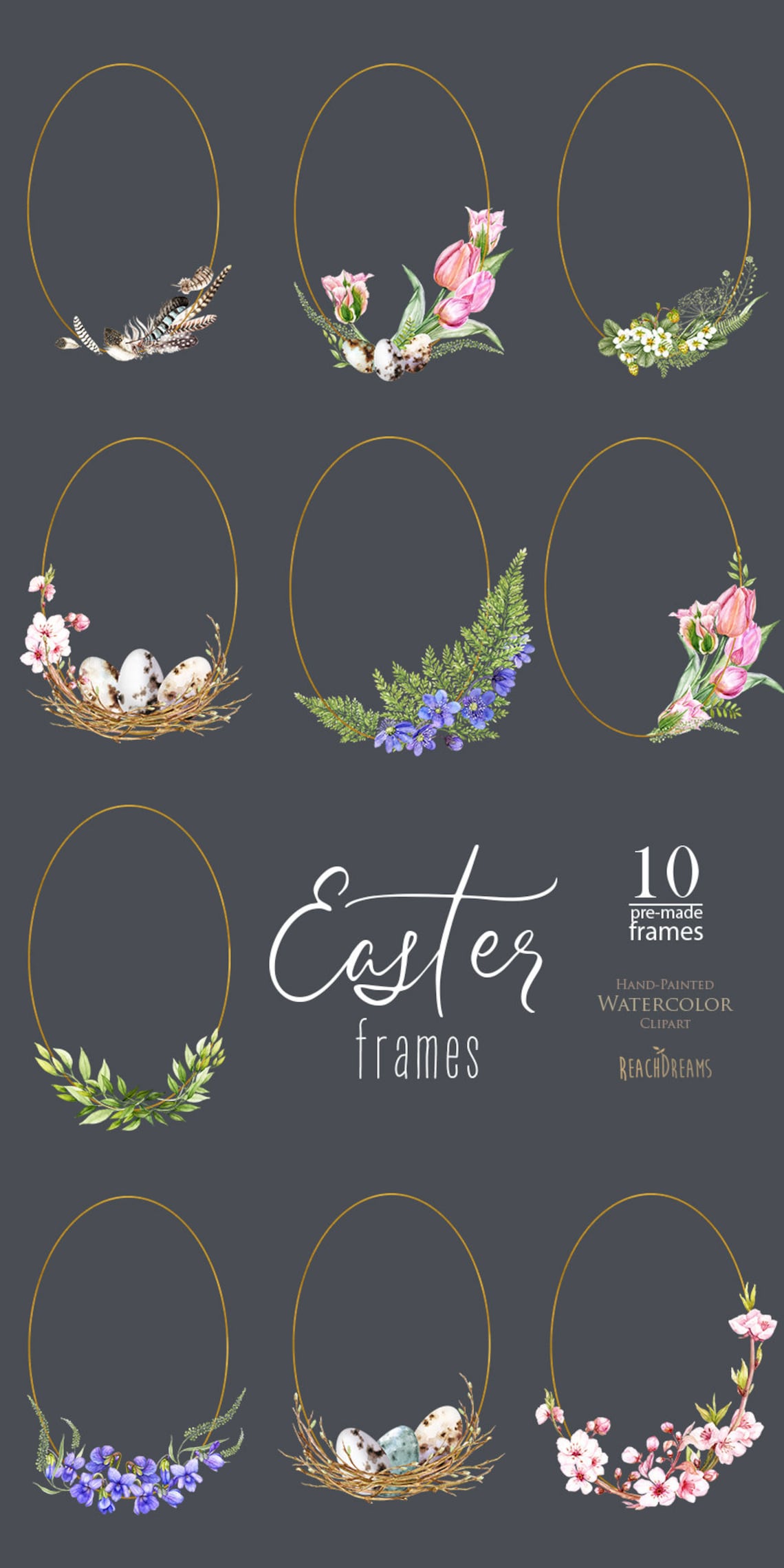 Easter Watercolor Clipart, Frames, Eggs, Floral, Feathers, Nest ...