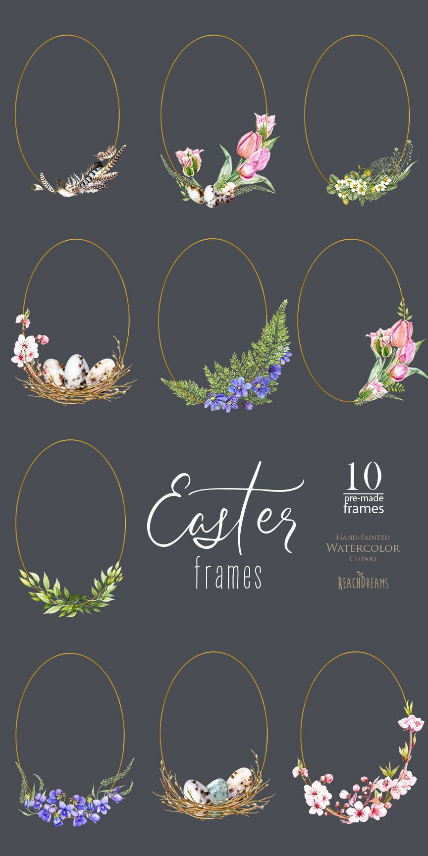 Easter Watercolor Clipart Frames Eggs Floral Feathers | Etsy