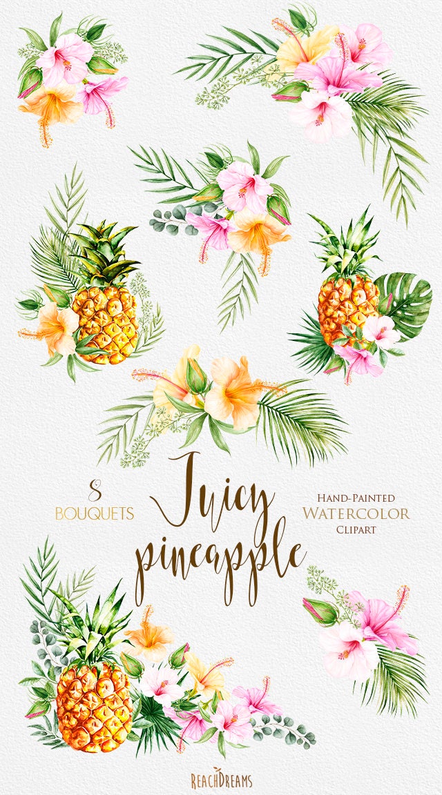 Watercolor Pineapple Tropical Flowers Pink Hibiscus Palm - Etsy