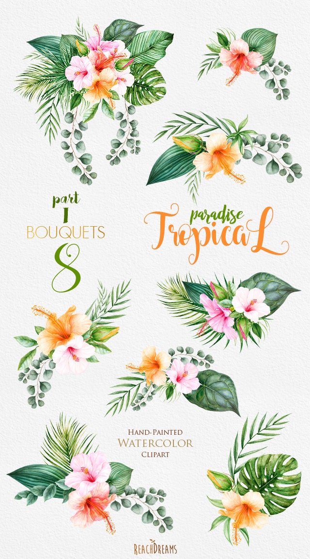 Tropical Watercolor Flowers & Leaves Tropic Bouquets Clipart - Etsy