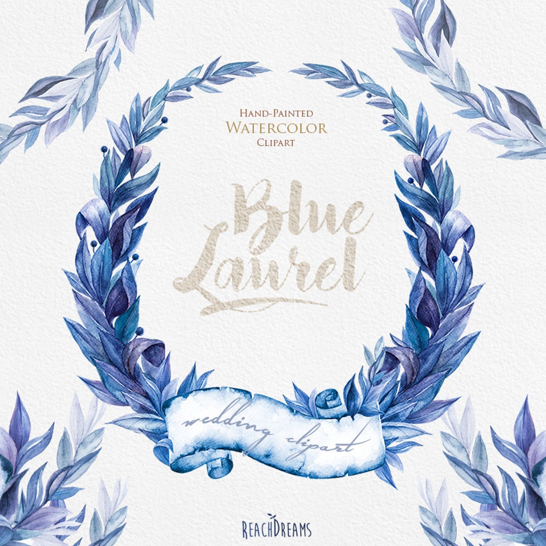 Blue Laurel Wreaths, Watercolor Hand Painted Clipart, Wedding ...