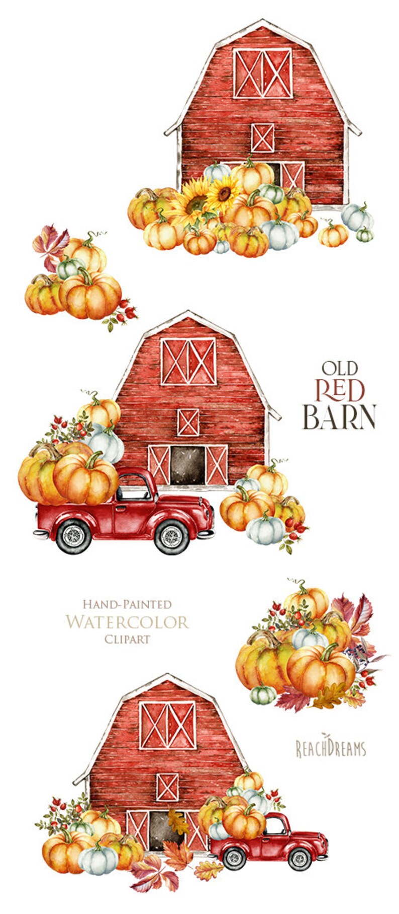 Barn Watercolor Clipart Red Barn House Farm Retro Car Red | Etsy