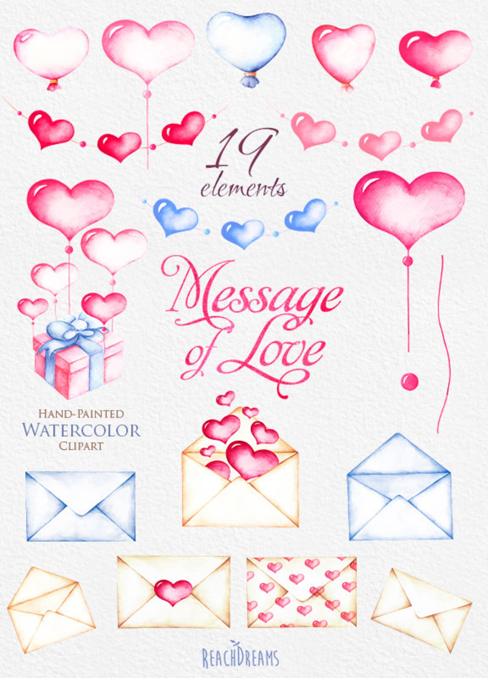 Valentine's Day Watercolor Clipart. Hand Painted Envelopes, Hearts, Air ...