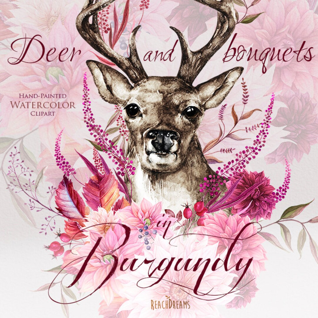 Watercolor Deer in Burgundy Flowers, Antlers, Stag Horns, Boho, Rustic ...