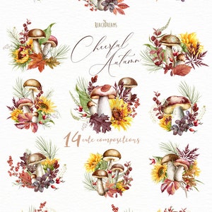 Mushrooms Sunflowers Autumn Leaves Leaf Fall Forest Watercolor Clipart ...