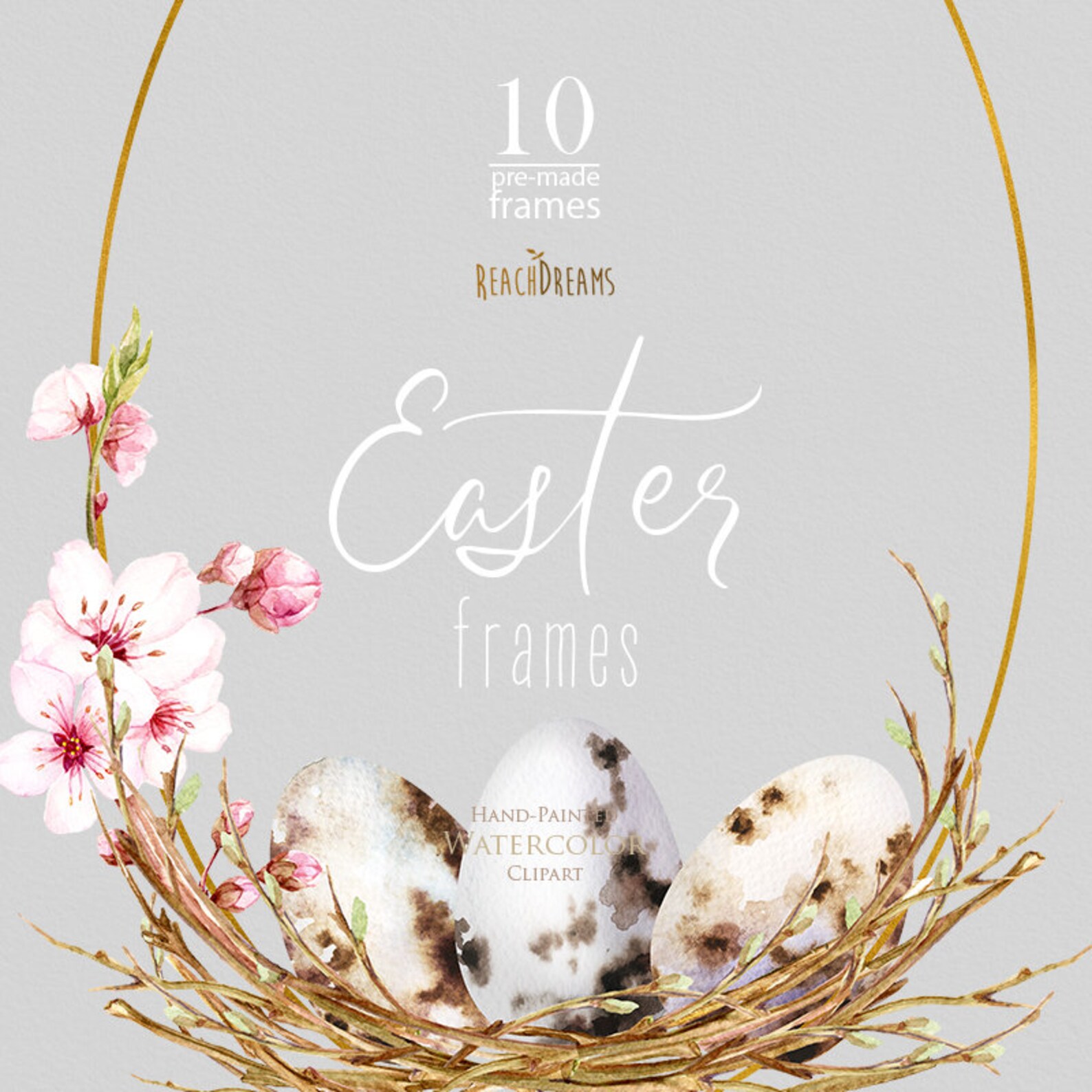 Easter Watercolor Clipart, Frames, Eggs, Floral, Feathers, Nest ...