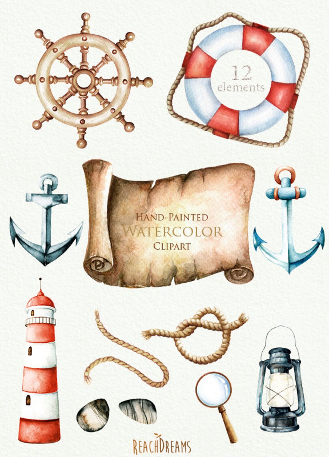 Nautical Watercolor Clipart. Marine. Ocean. Individual PNG Files ...