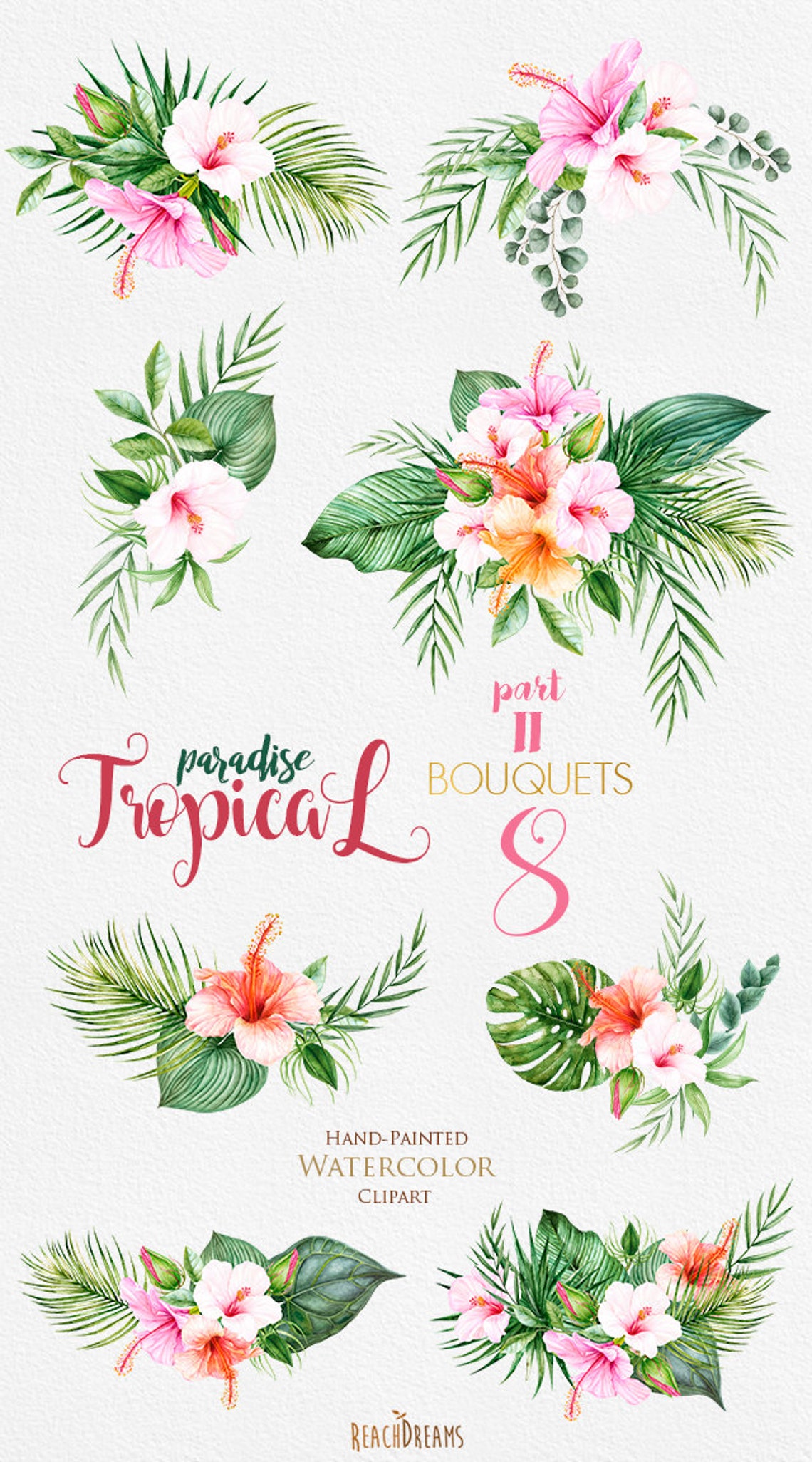 Tropical Watercolor Flowers & Leaves, Tropic Bouquets Clipart, Hibiscus ...