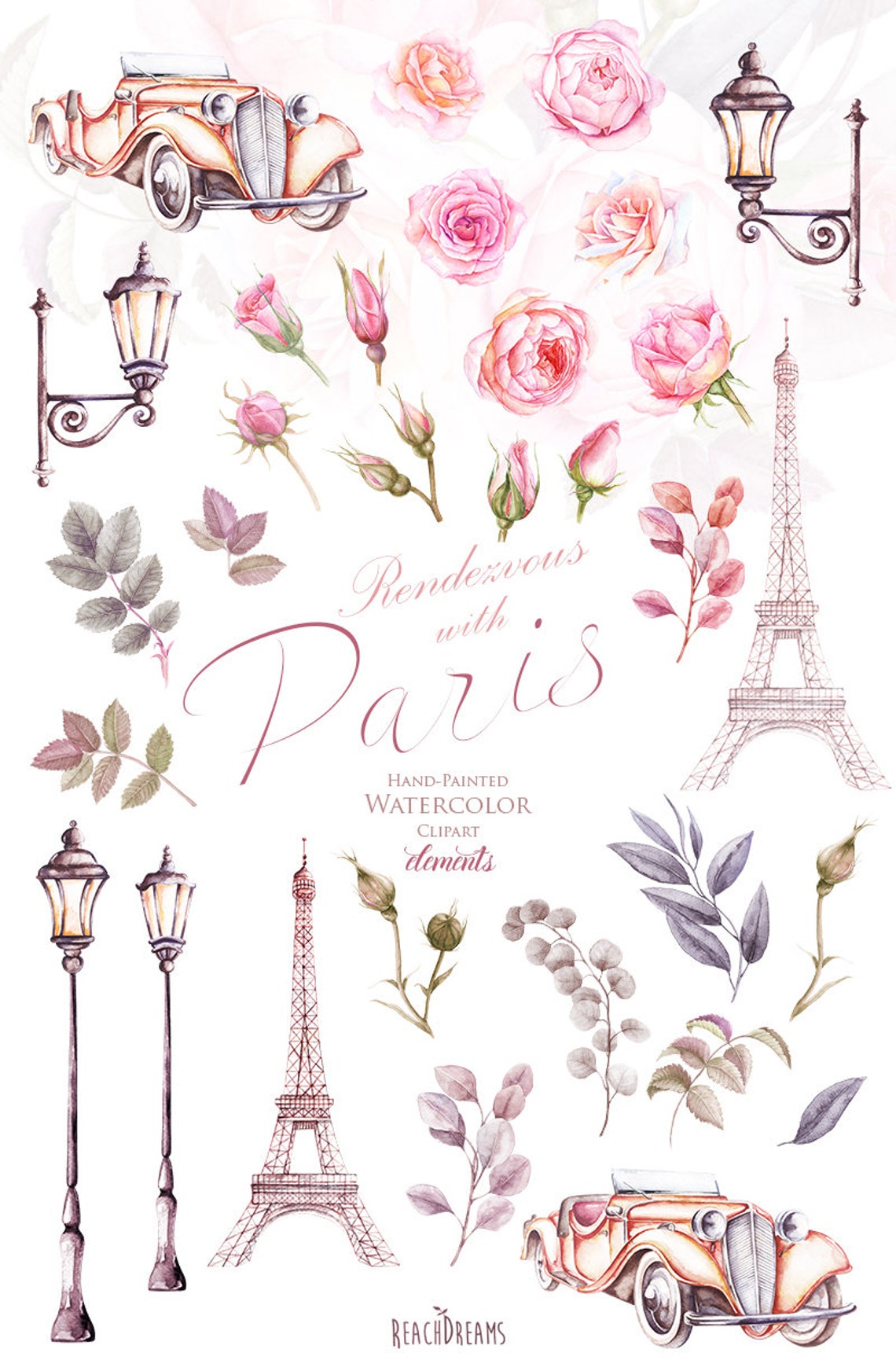 Paris Watercolor Clipart France Eiffel tower France Roses | Etsy