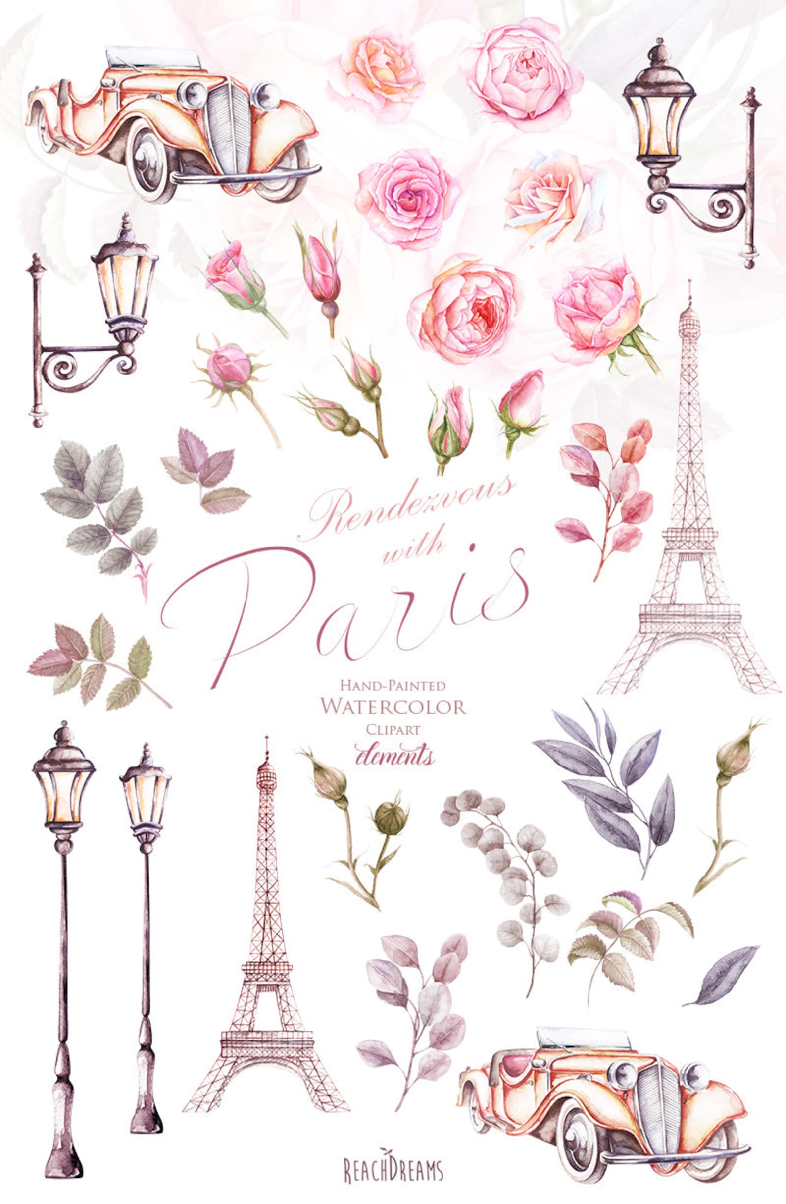 Paris Watercolor Clipart France Eiffel Tower France Roses - Etsy