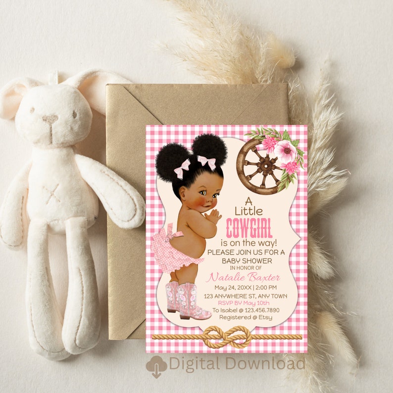 Rustic Cowgirl Baby Shower Invitations: Gingham, African American ...