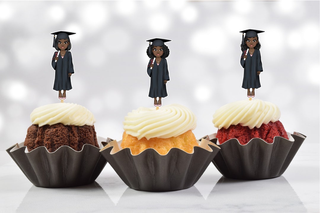 African American Girl Graduation Cupcake Toppers - Black Gown Set of 12 ...