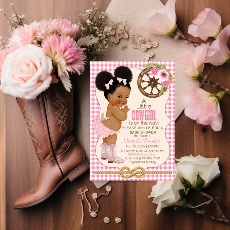 Rustic Cowgirl Baby Shower Invitations: Gingham, African American ...