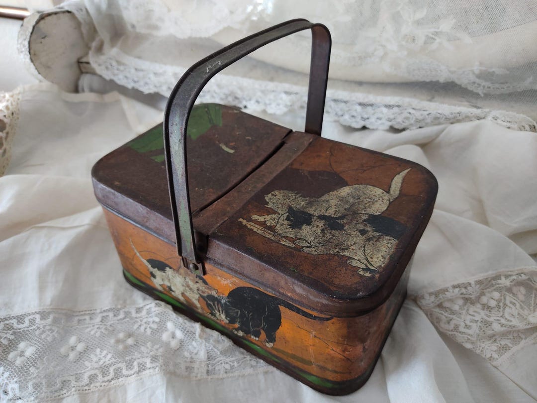 Antique Tin Box With Cats and Dog, Metal Carrying Case With Handle ...