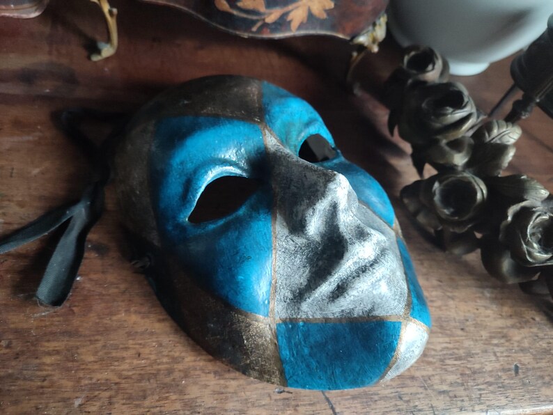Venezia Mask, Papier-mâché, Blue Checkered, Diamond Pattern, Harlequin ...