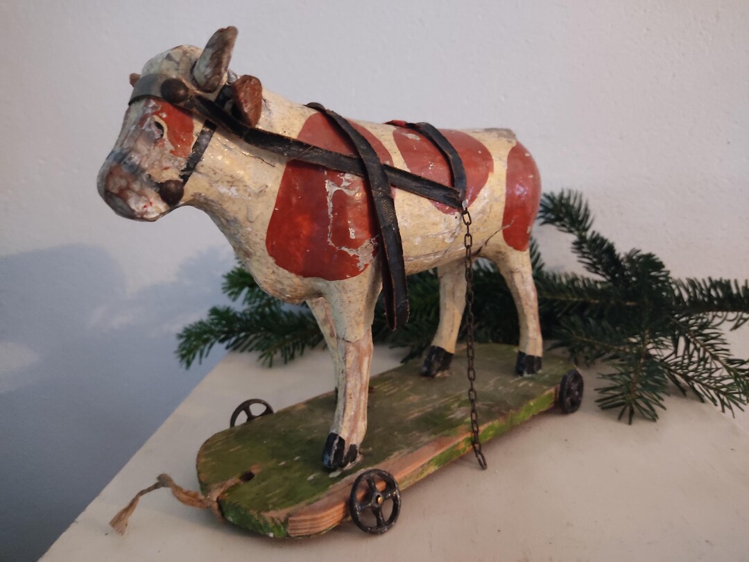 ANTIQUE Toy Cow Pull Toy Brocante Rustic Patina Primitive Folk Art ...