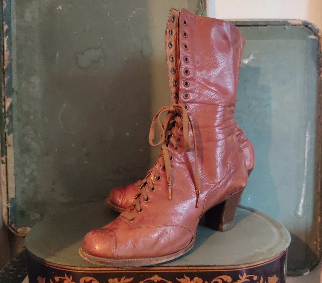 ANTIQUE Boots Victorian Granny Ankle Boots Leather Ankle Boots Cognac ...