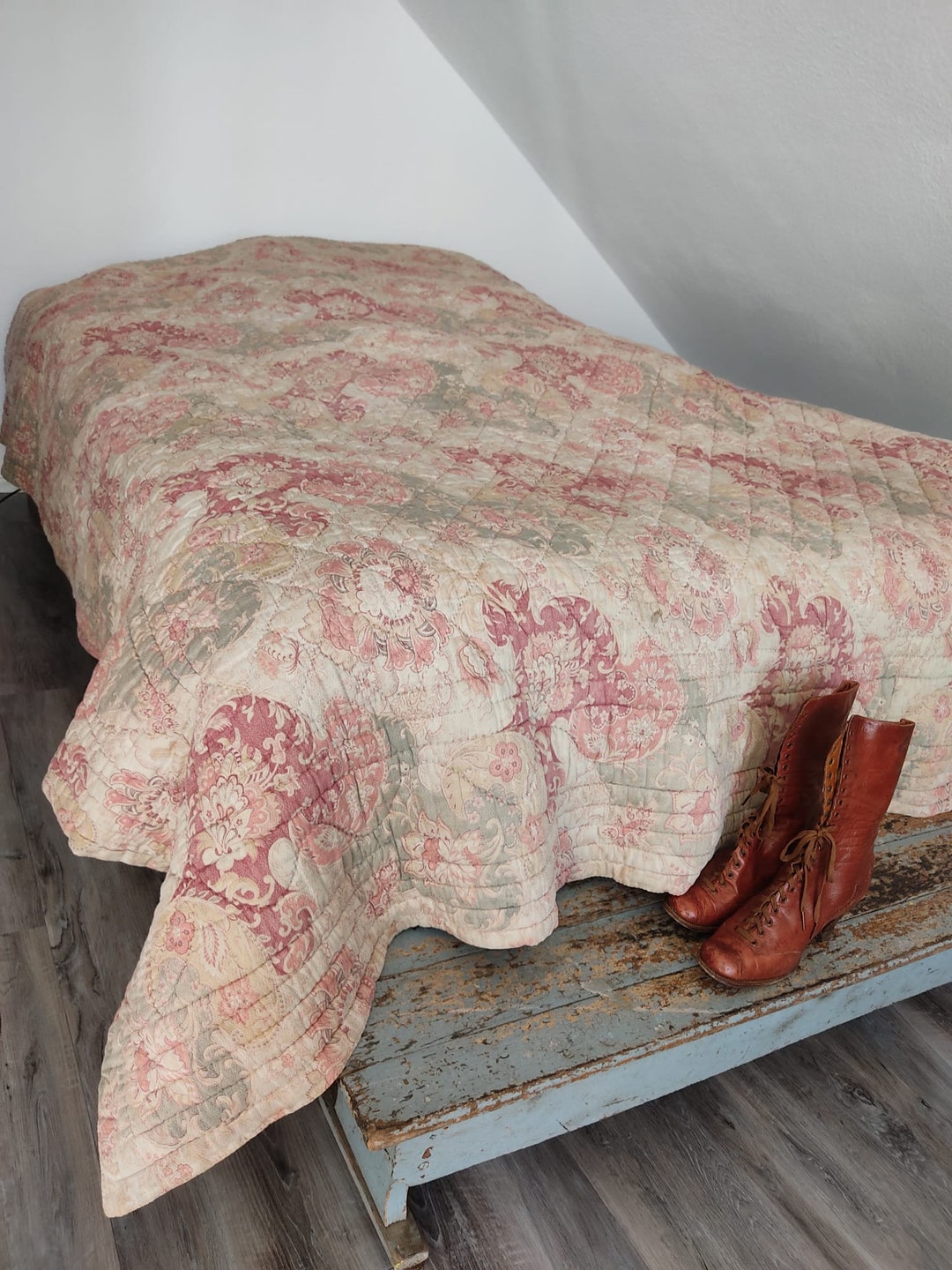 ANTIQUE France Boutis Plaid Blanket Quilt Bedspread Hygge Living Style ...