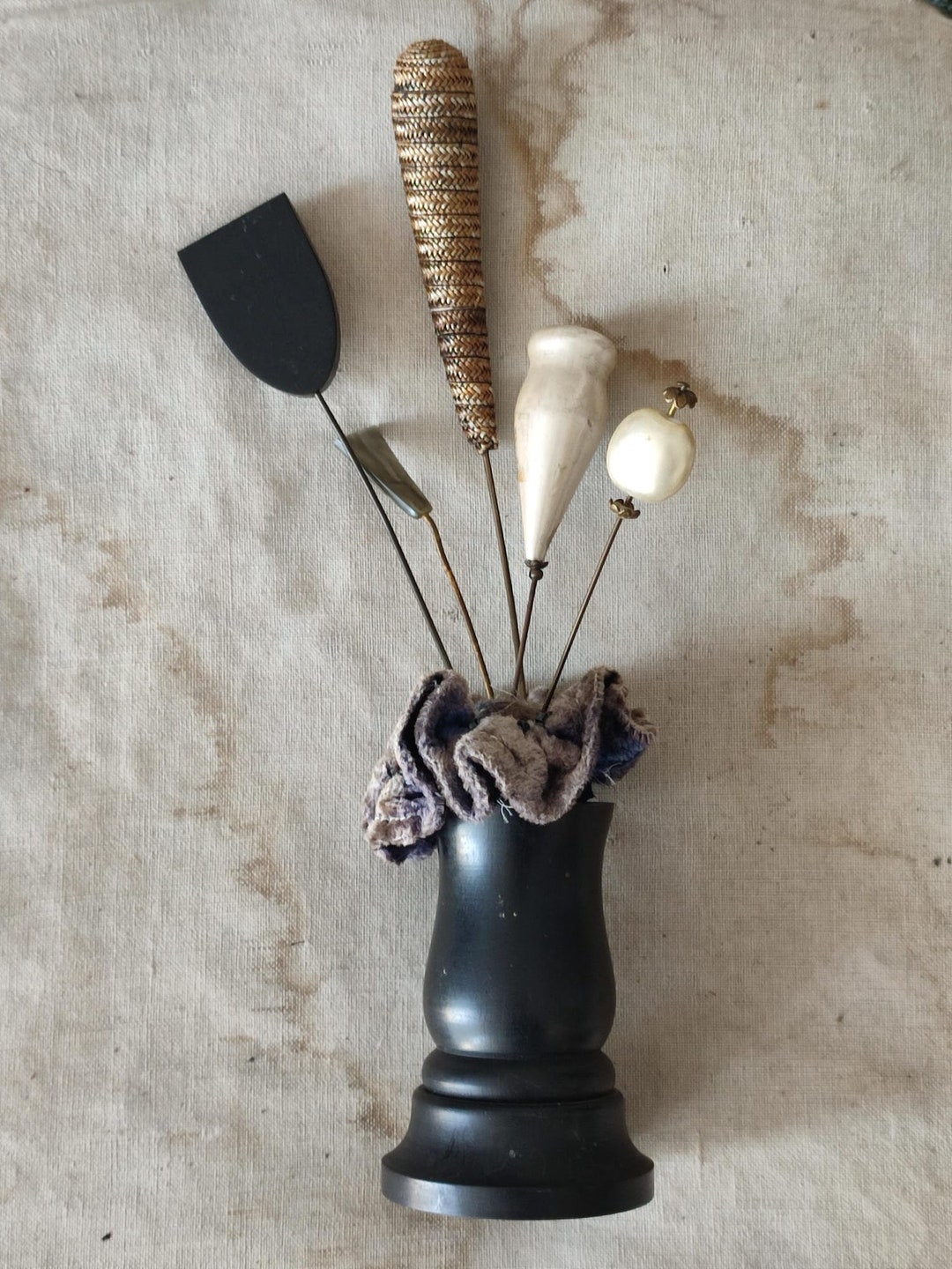ANTIQUE Hat Pin Cushion Velvet in Wooden Container Victorian Edwardian ...