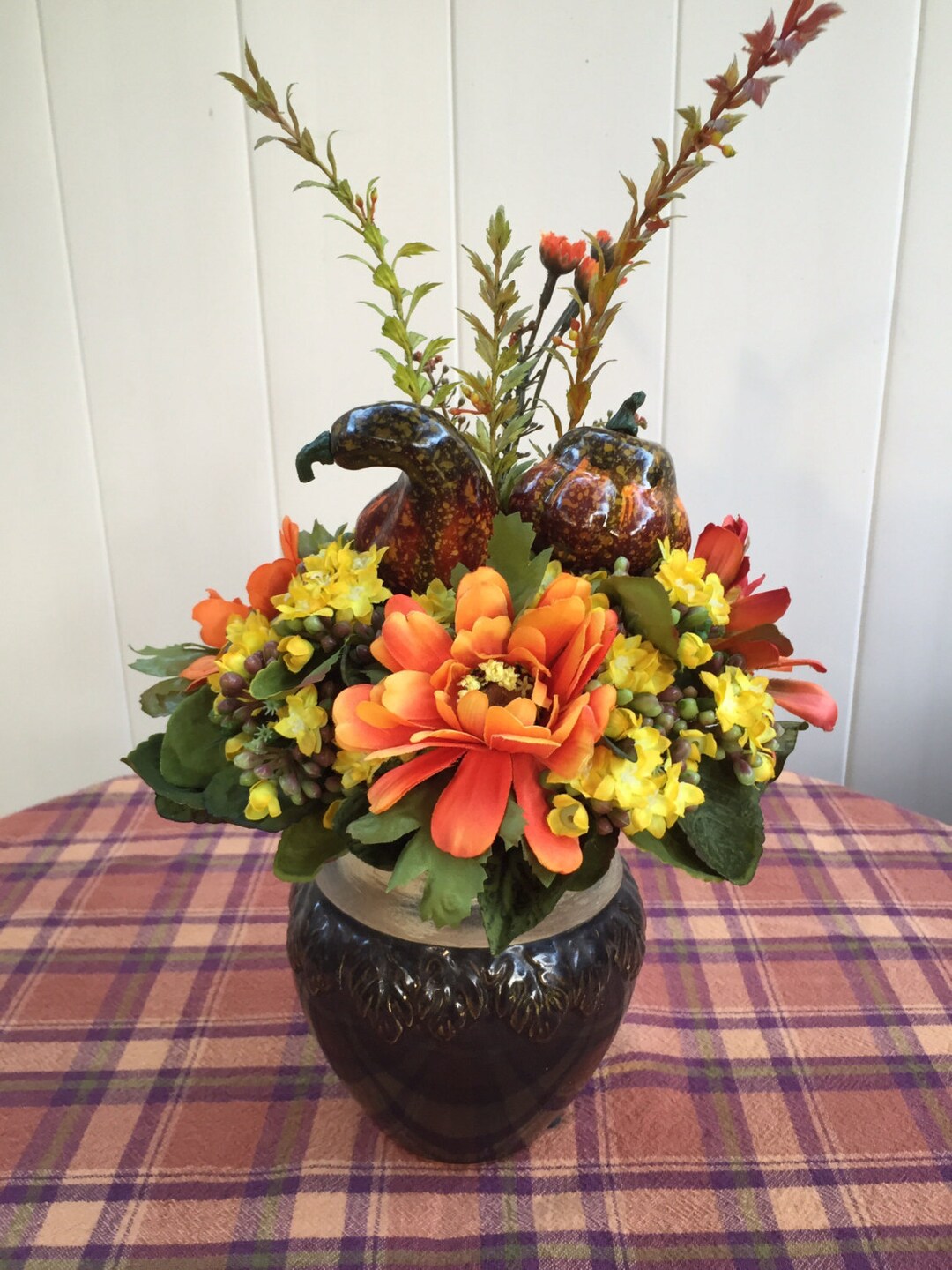 Silk Mini Yellow Mums With Buds. Bright Orange Fall Flowers Rustic ...