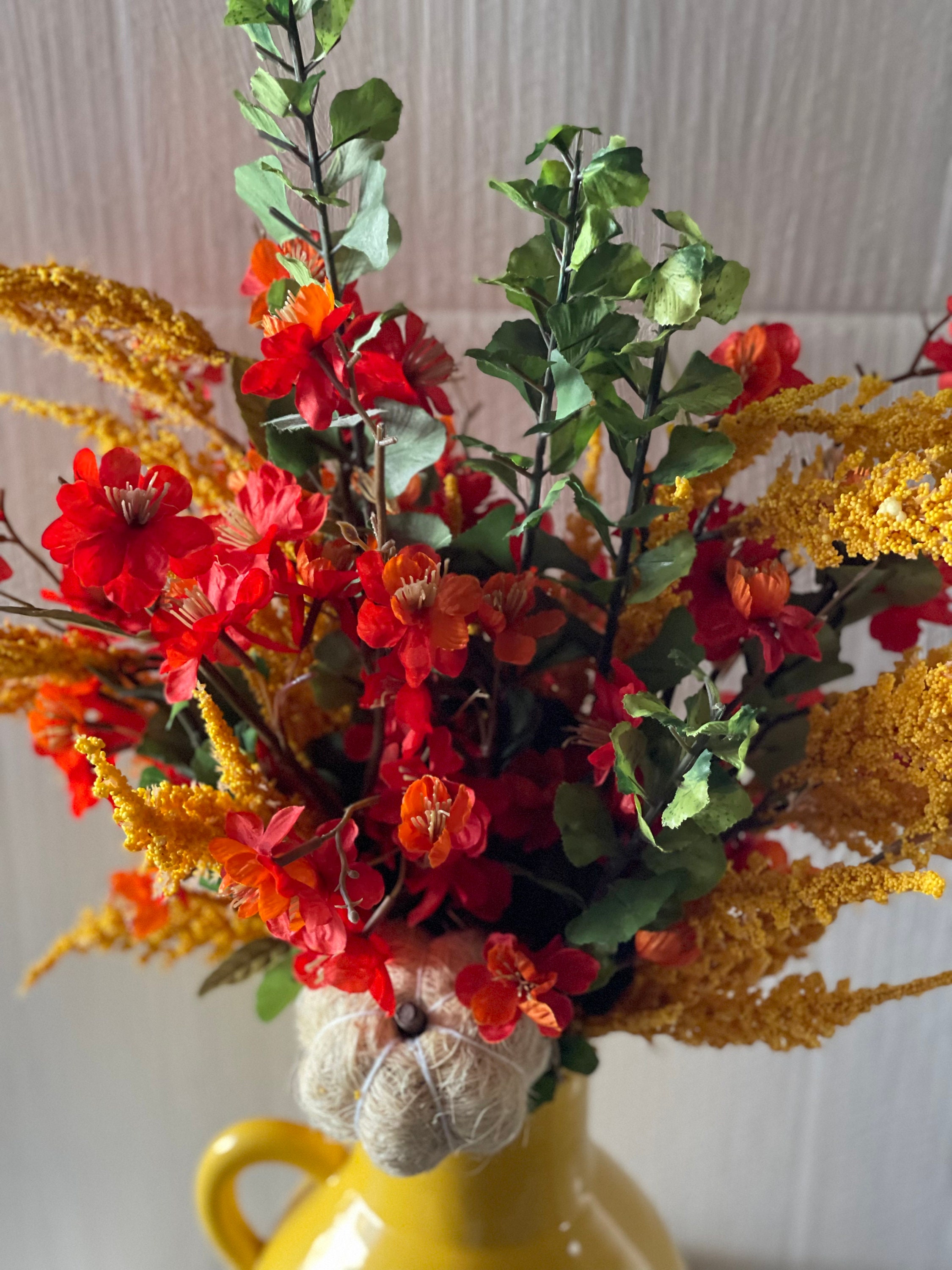 Fall Gold and Red Faux Flower Arrangement With Beige Twine Pumpkins and ...