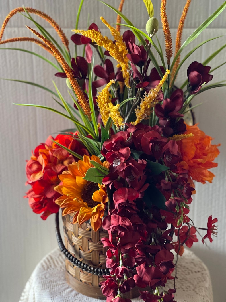 Burgundy Wisteria and Branches, Gold Sunflower, Orange Peony, Rust ...