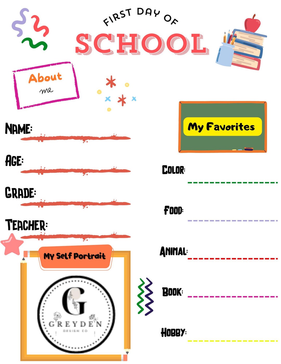 First Day of School Student Worksheet digital Download - Etsy