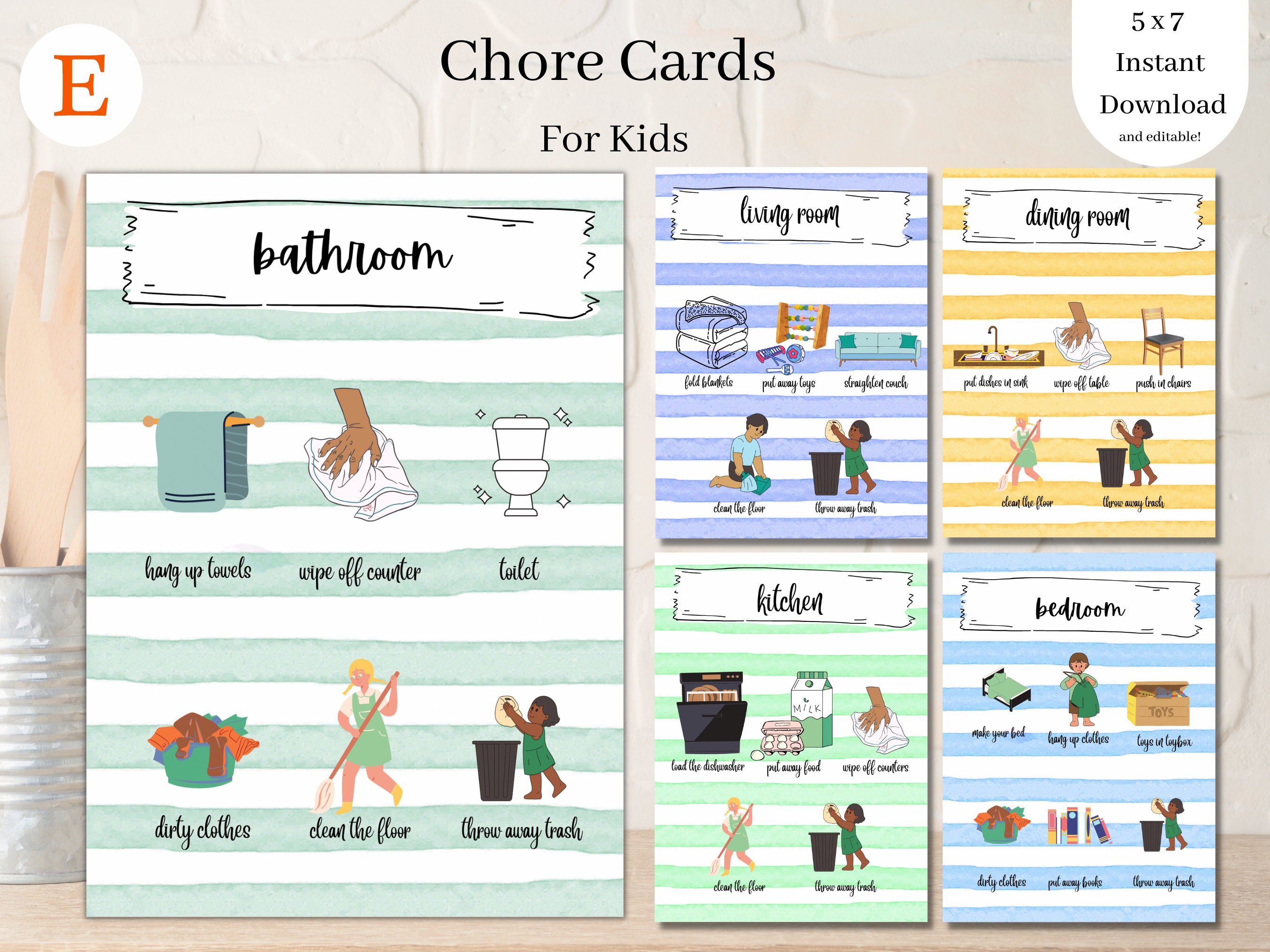Chore Chart for Kids Printable and Editable Chore Cards Room by Room ...
