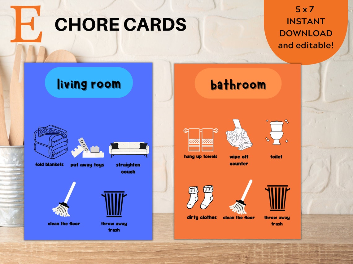 Printable Kids Chore Chart Cards, Editable Cleaning List (digital ...
