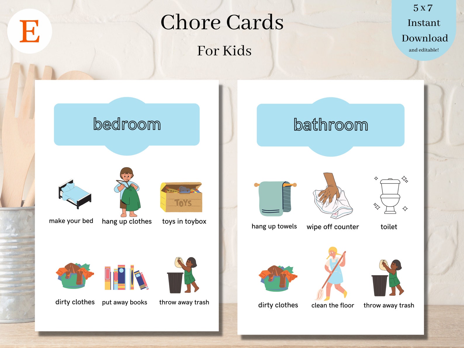 Chore Chart for Kids Printable and Editable Chore Cards Room by Room ...
