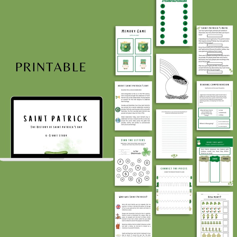 St Patrick's Day and Saint Patrick Unit Study for Homeschool Designed for Ages K, 1st, 2nd, and ...
