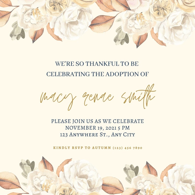 Elegant Floral Adoption Party Invitation Template (editable in Canva ...
