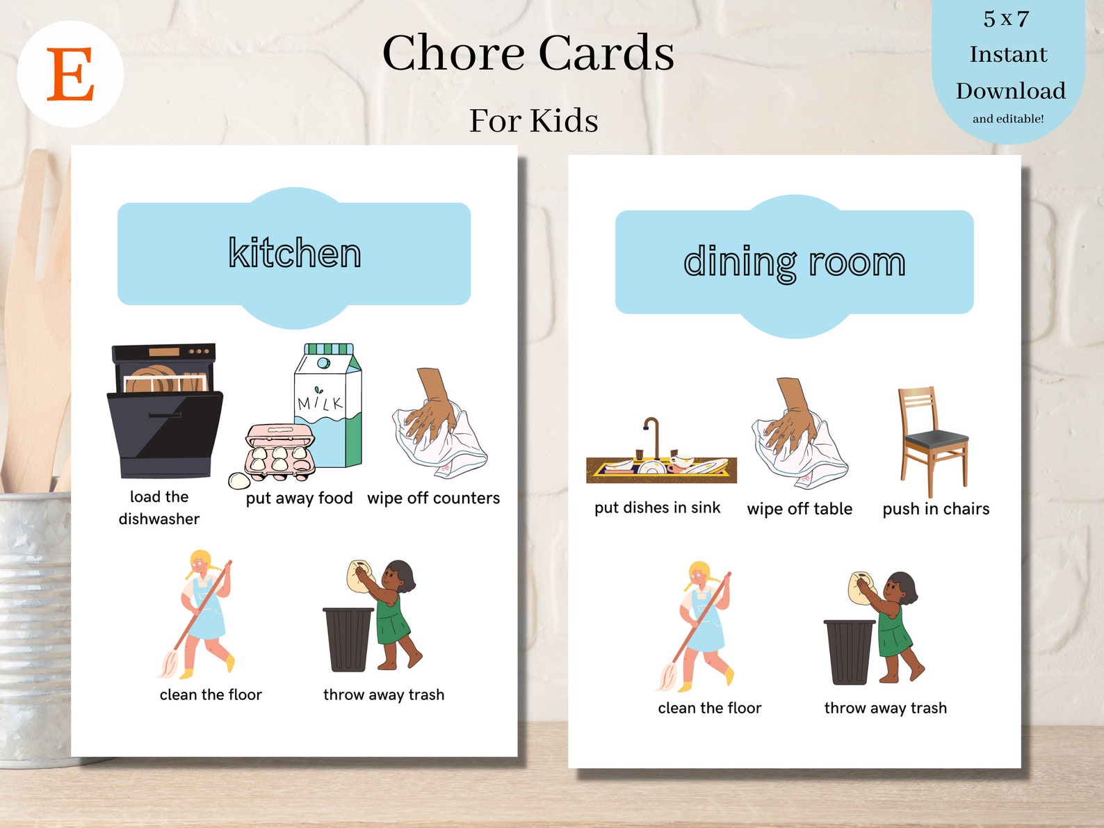 Chore Chart for Kids Printable and Editable Chore Cards Room by Room ...