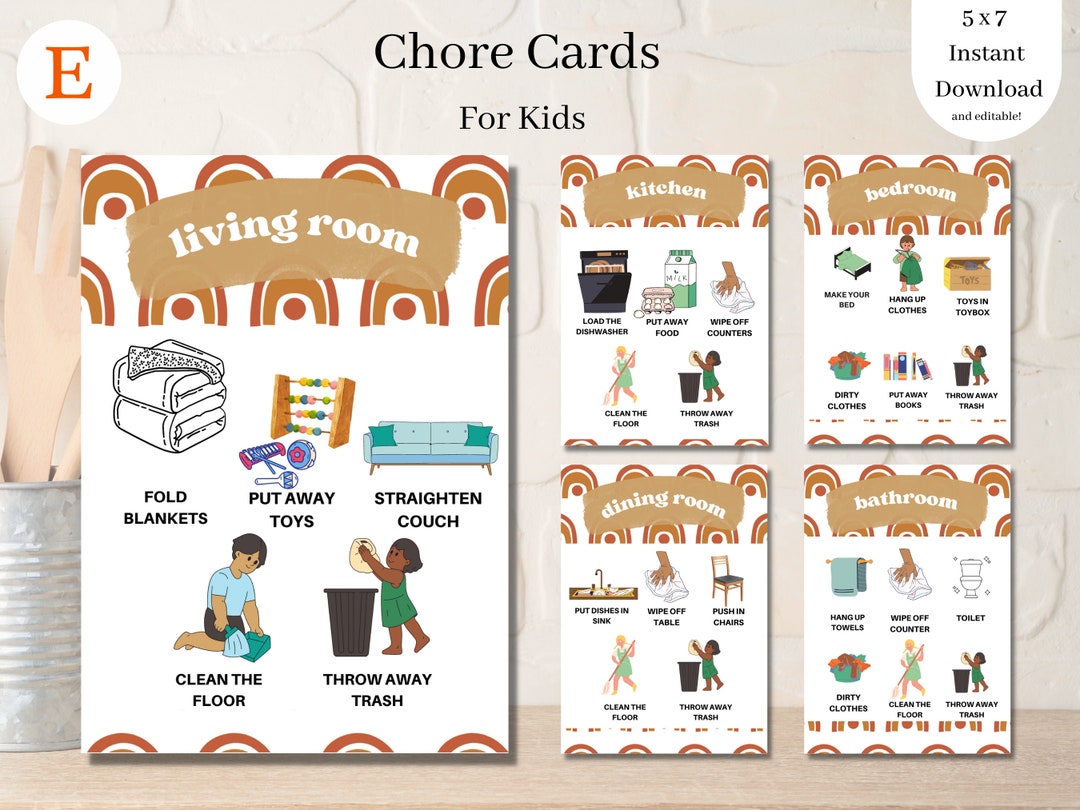 Chore Chart for Kids Printable and Editable Chore Cards Room by Room ...
