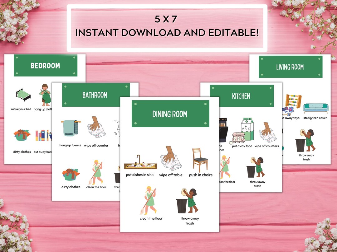 Chore Chart for Kids Printable and Editable Chore Cards Room by Room ...