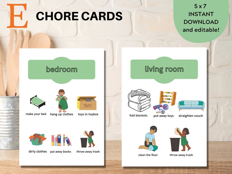 Chore Chart for Kids Printable and Editable Chore Cards Room by Room ...