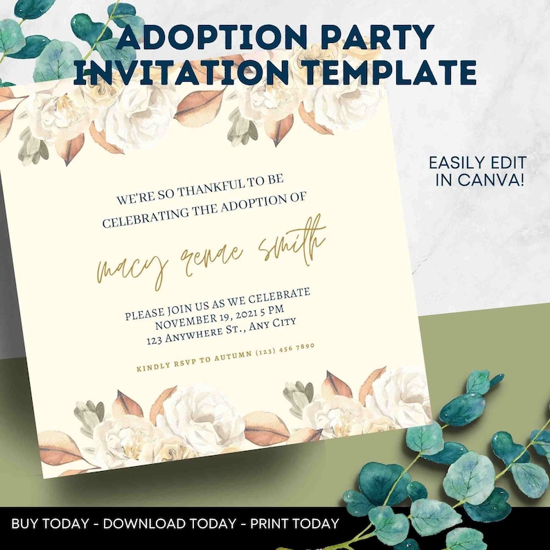 Elegant Floral Adoption Party Invitation Template (editable in Canva ...