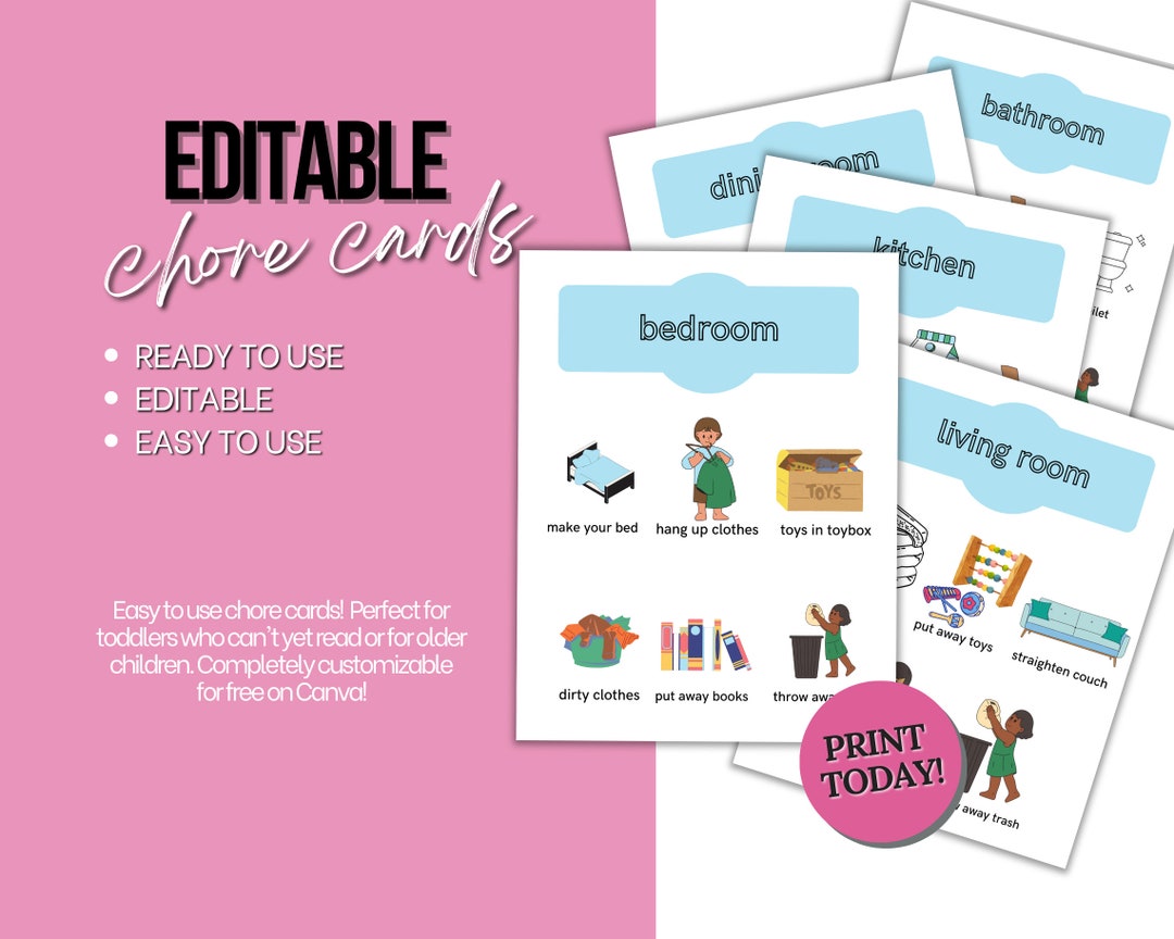 Chore Chart for Kids Printable and Editable Chore Cards Room by Room ...