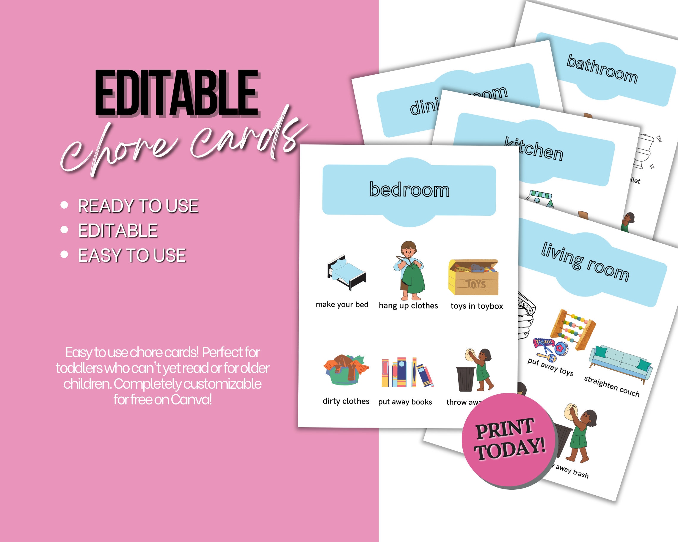 Chore Chart for Kids Printable and Editable Chore Cards Room by Room ...