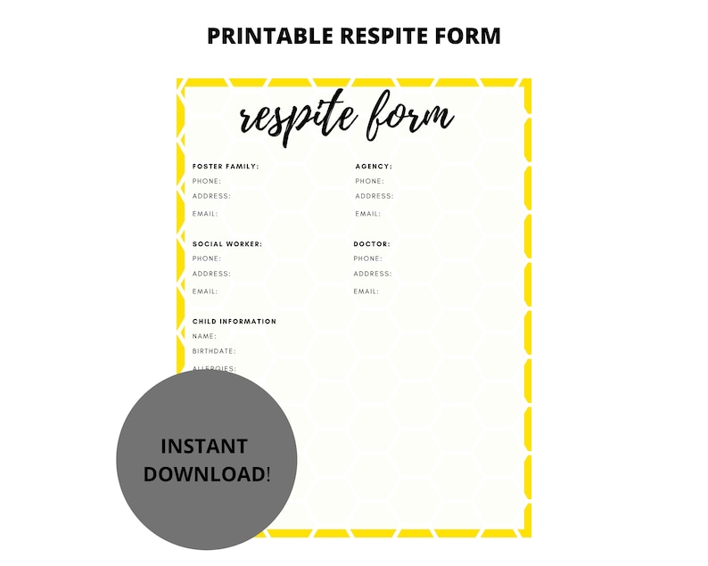 Printable Respite Care Form 8.5" X 11" (standard) L Digital Download L ...