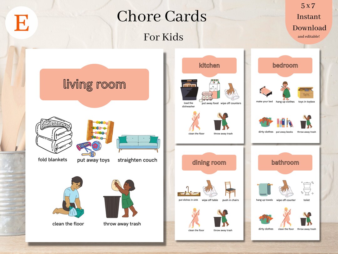 Chore Chart for Kids Printable and Editable Chore Cards Room by Room ...
