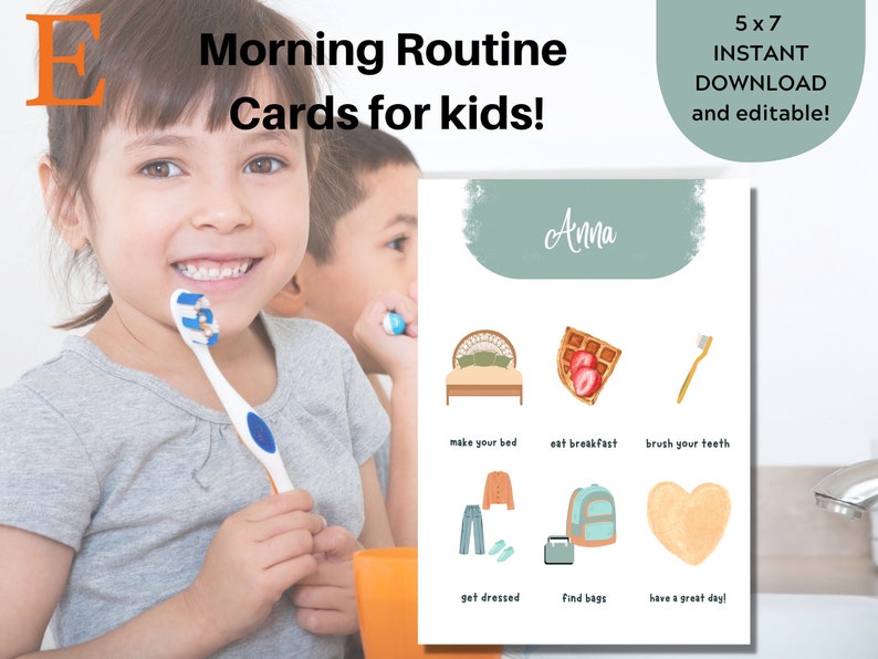 Editable Kids Morning Routine Chart, 5x7 Canva Template (digital ...