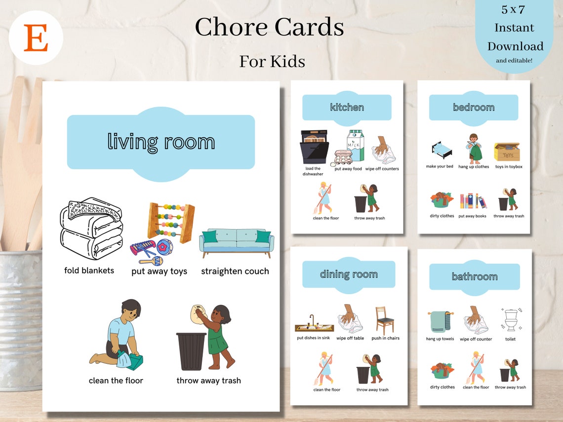 Chore Chart for Kids Printable and Editable Chore Cards Room by Room ...